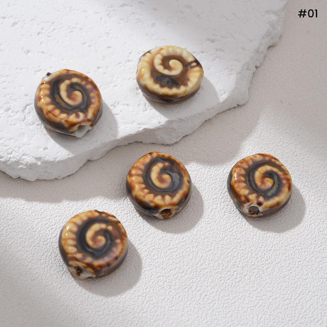 17mm Ammonite Fossil Ceramic Bead, Hand-painted Prehistoric Spacer ...