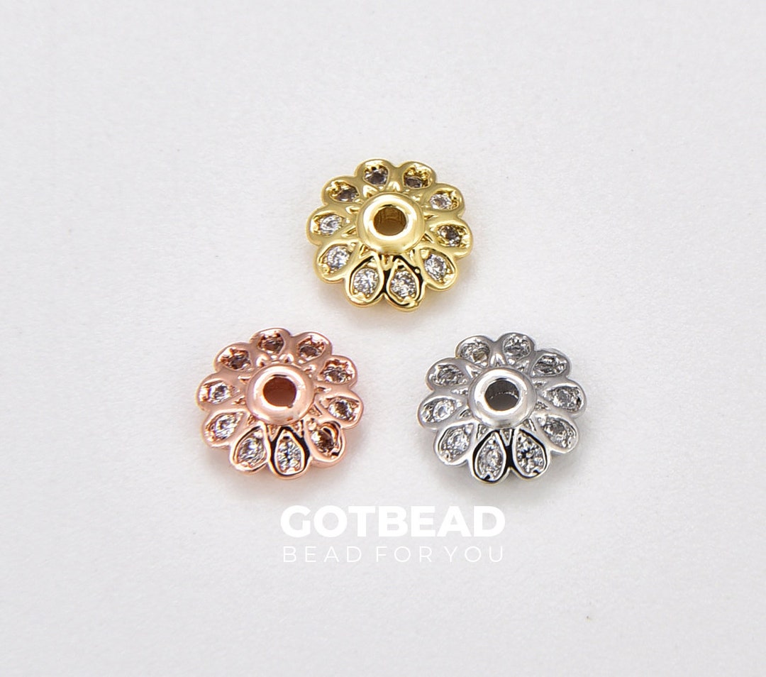6mm Gold Filled Flower Bead Cap, Dainty Floral Bead Toppers, CZ Micro ...