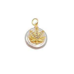 Freshwater Pearl Cannabis Charm Pendant, 18K Gold Filled CZ Micro Pave ...