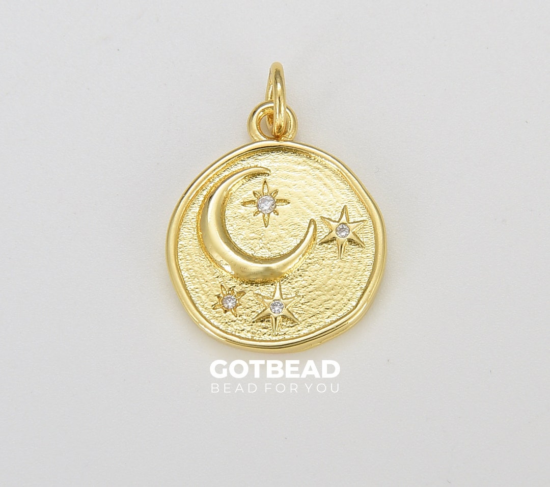Crescent Moon Star Charm 18K Gold Filled Celestial Charm Round Disc ...