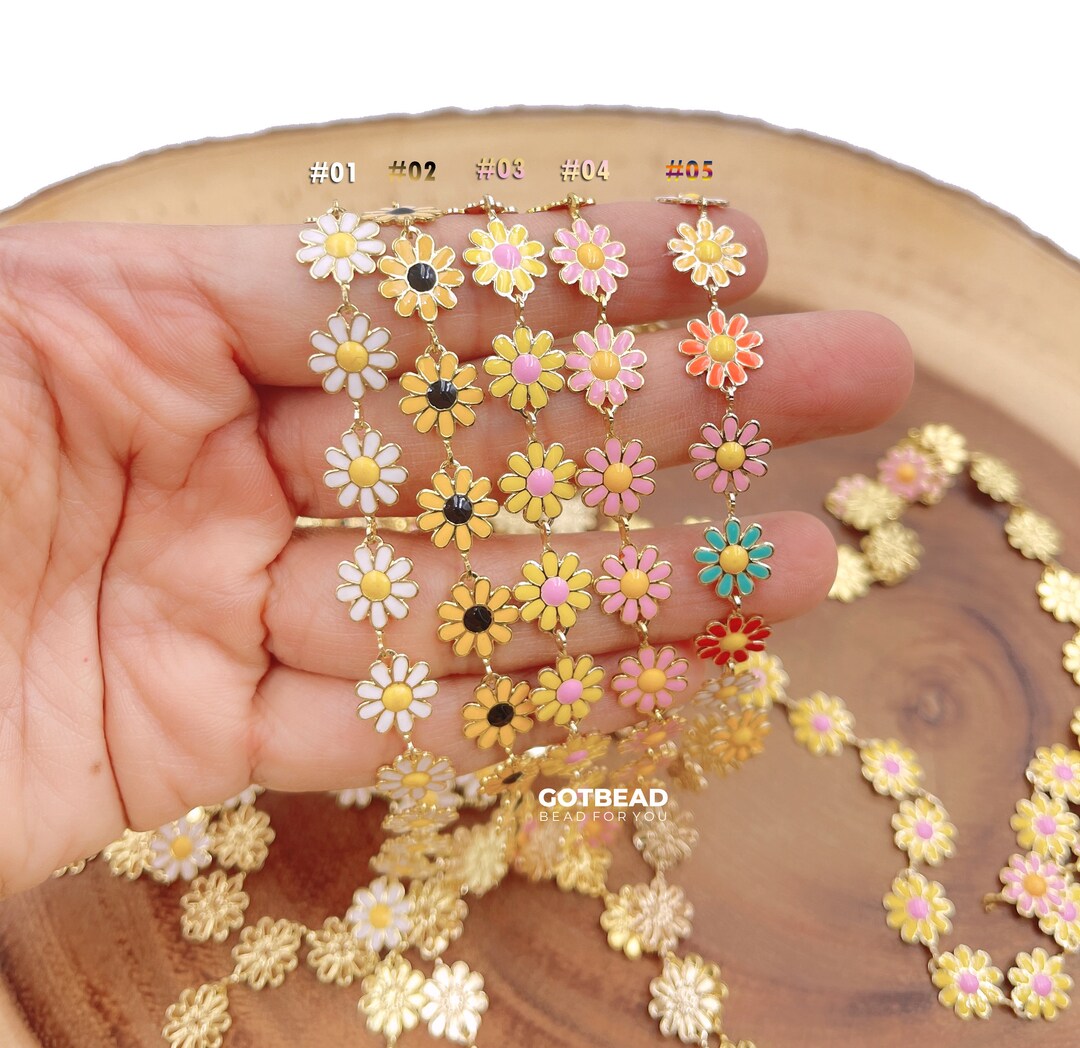 Gold Filled 10mm Flower Chain by Foot, Daisy Flower Enamel Chain by ...