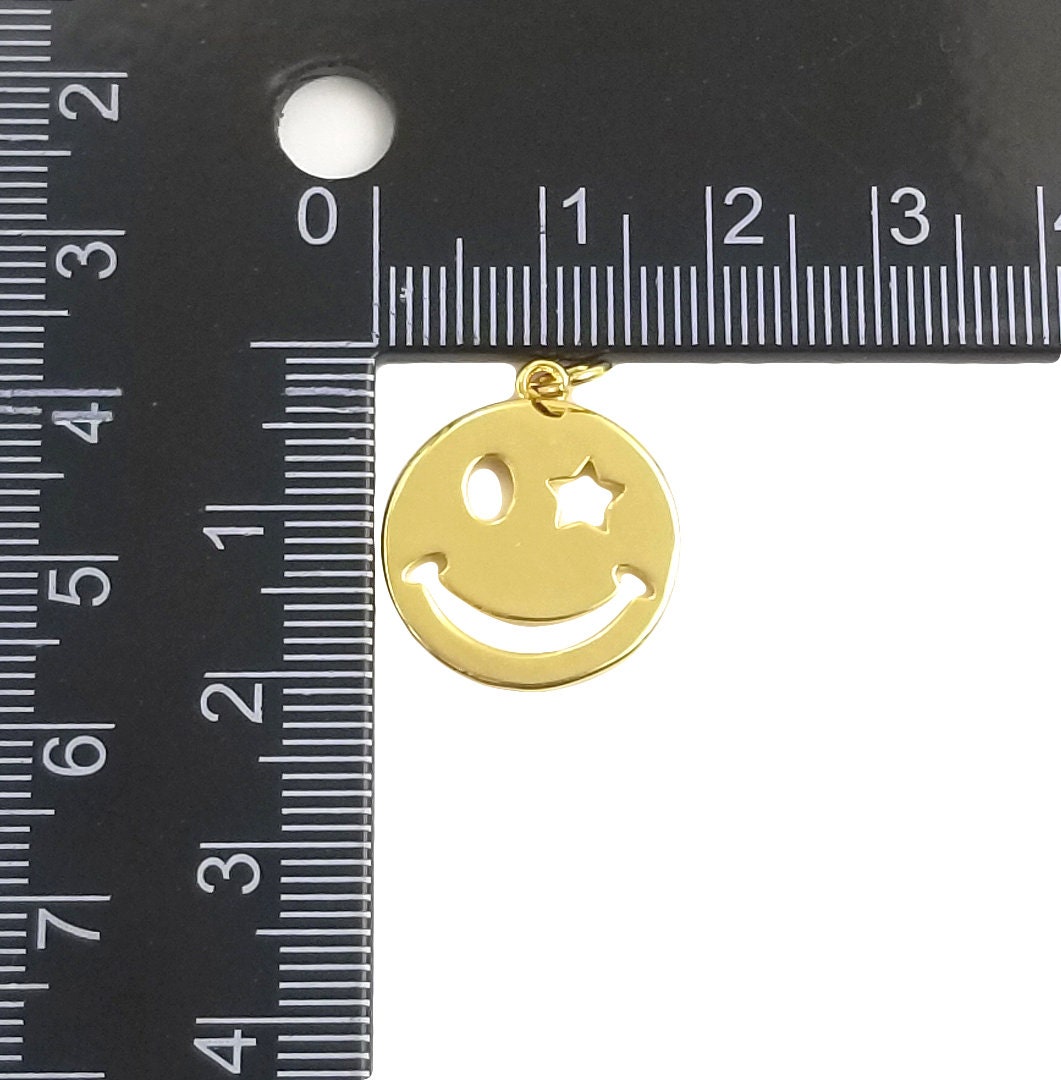 14K Gold Happy Face Charm, Gold Emoji Charm Star Smile Charm Pendant ...