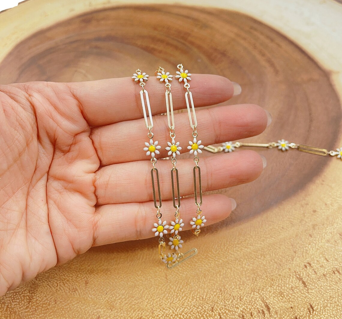 Daisy Flower Enamel Chain by Yard, Gold Filled Elongated Unique ...