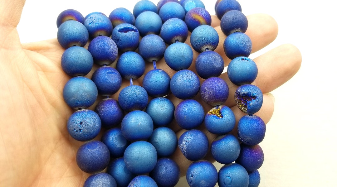 Blue Druzy Agate Beads: Full Strand, Electroplated Round Matte Gemstone ...