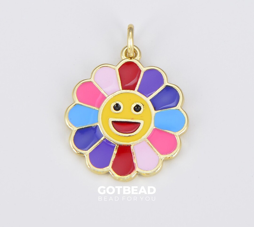 Rainbow Flower Smiley Face Charm, Colorful Enamel Daisy Flower Shape ...