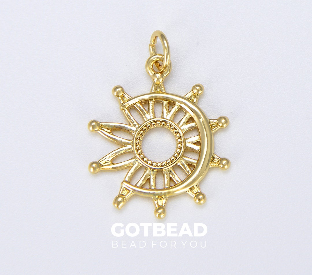 18K Gold Filled Sun and Moon Charm, Celestial Sunshine Charm, Crescent ...