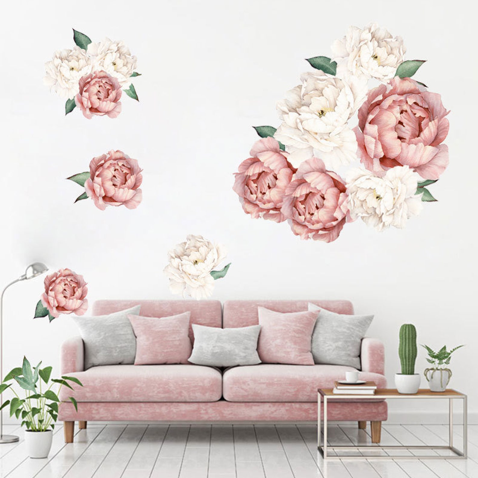 Roses Peony Floral Wall Decals - Blush Pink / Peach and White Flowers ...