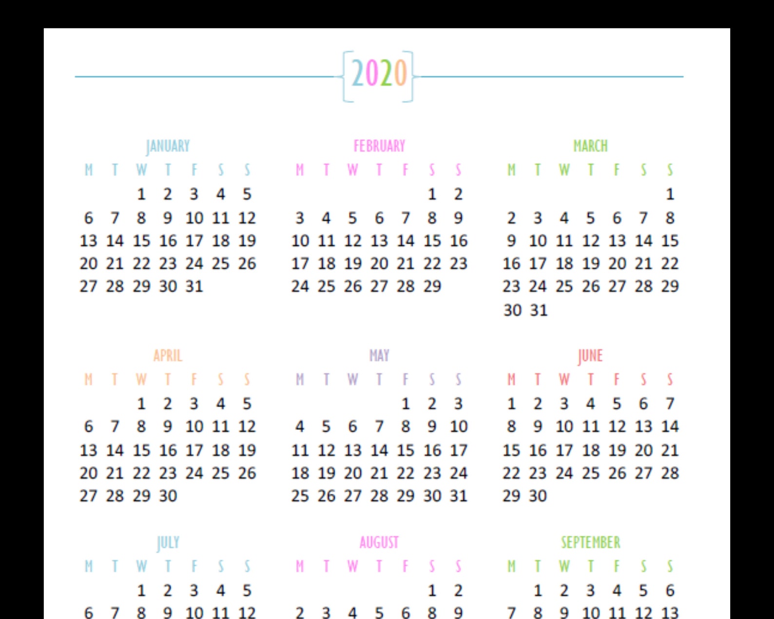 2020 Year at a Glance - Letter, A4 & A5 Yearly Overview-2020 - Etsy