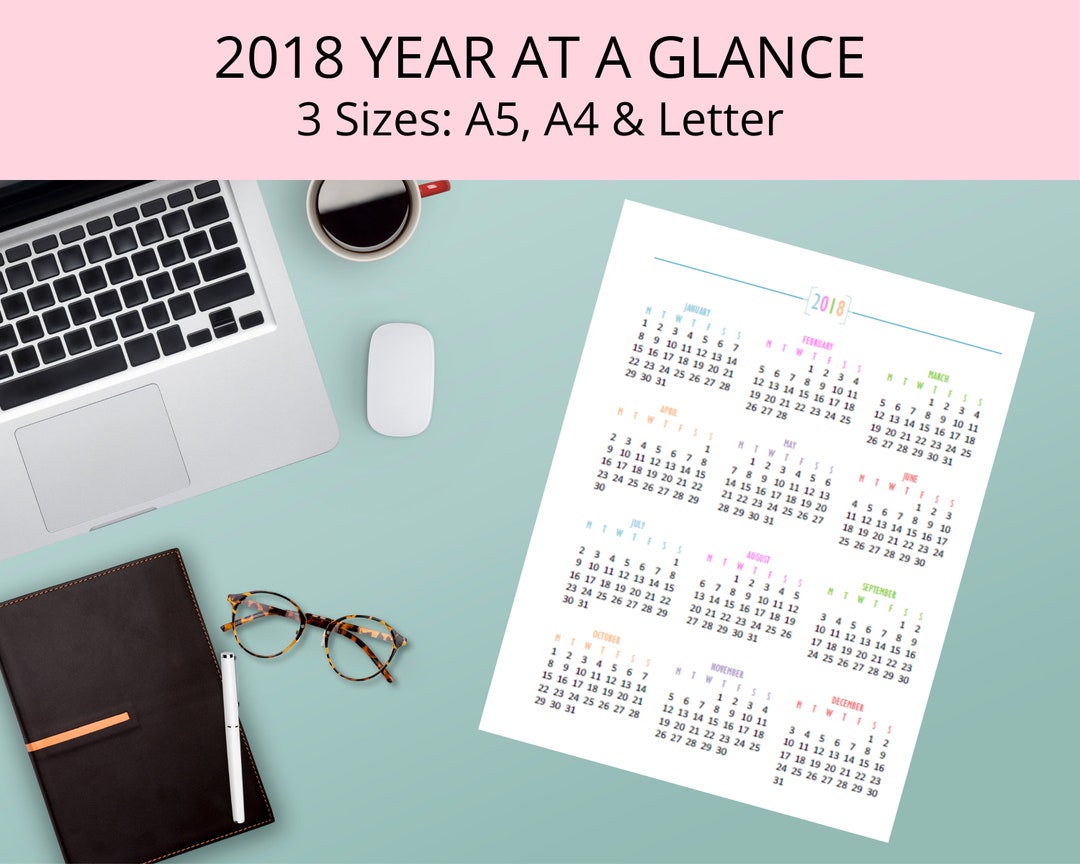 2018 Year at a Glance-a4, A5, Letter- Yearly Overview-2018-organizer - Etsy