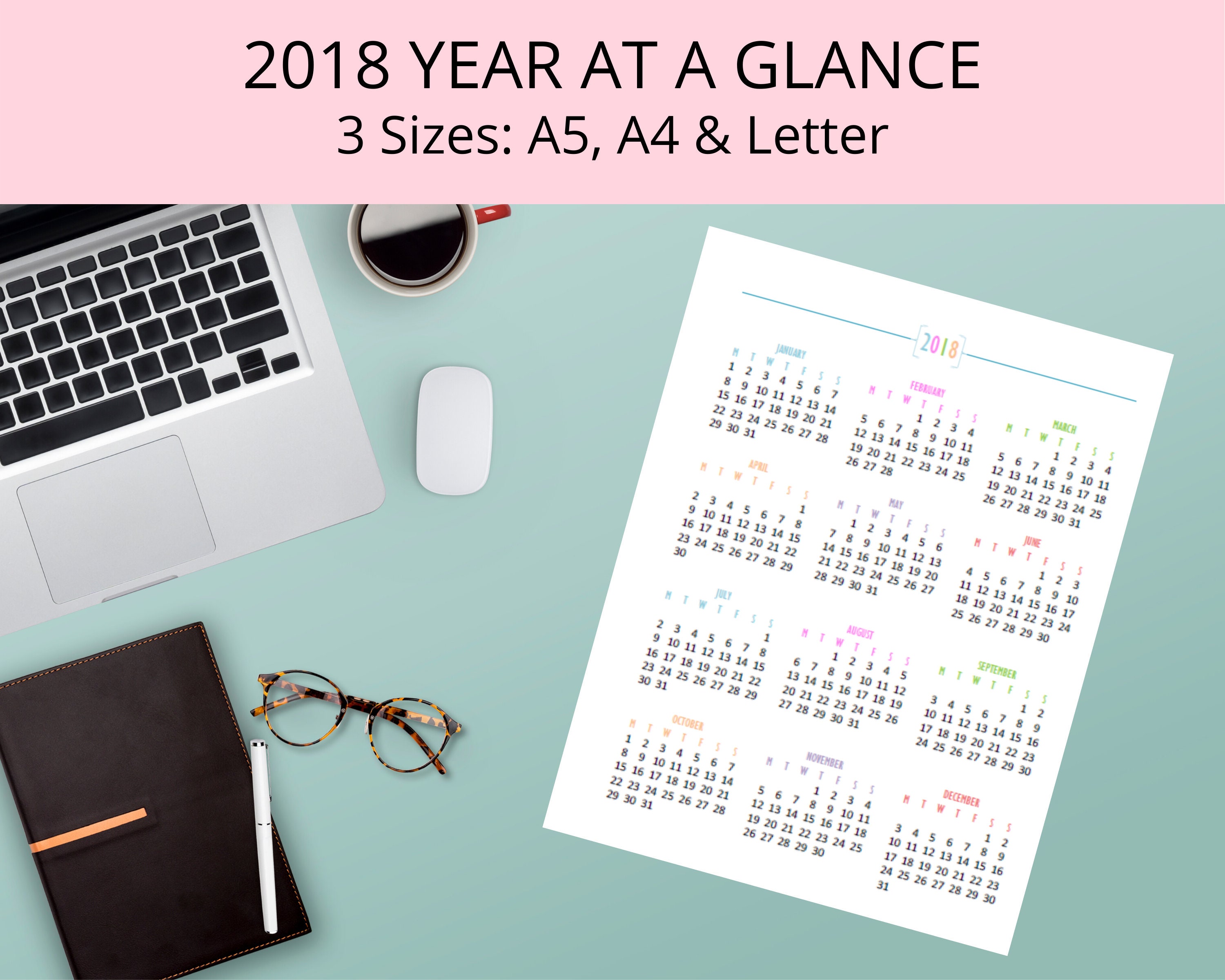 2018 Year at a Glance-A4 A5 Letter Yearly | Etsy