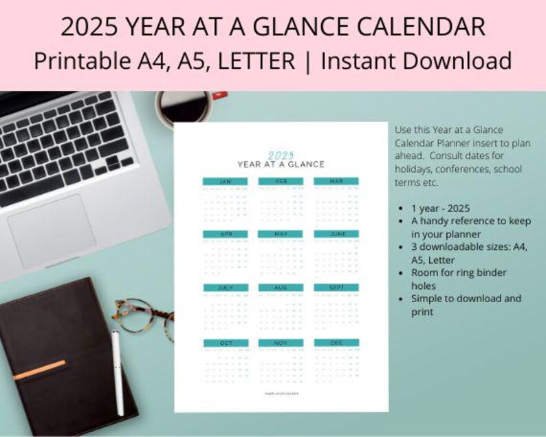 2025 Year at a Glance | Yearly Overview | 12 Months | Letter | A4 |A5 ...