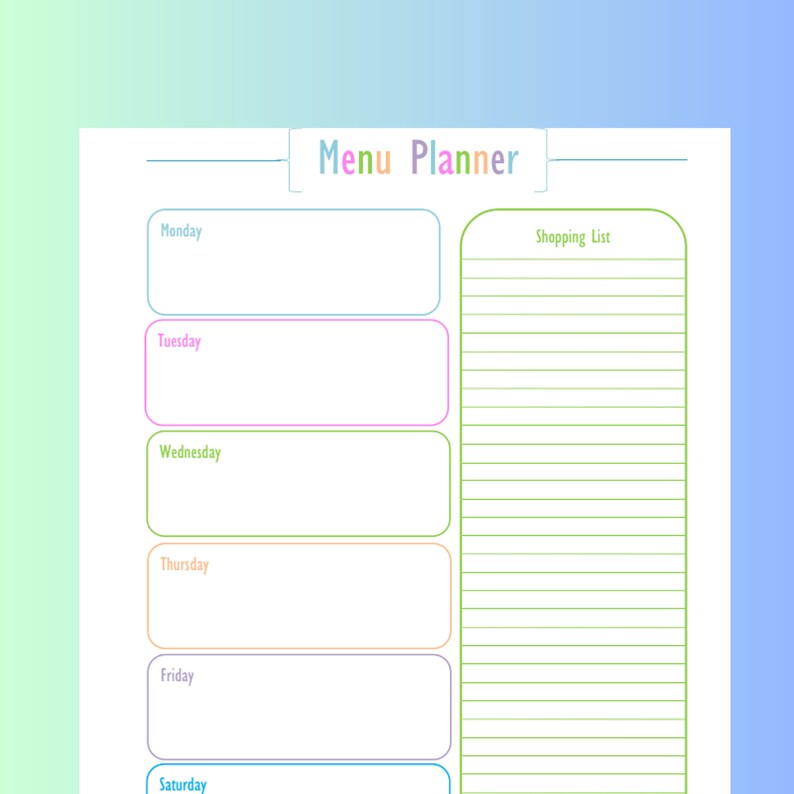 Weekly Menu Planner With Shopping List-a4 A5 Letter Weekly - Etsy