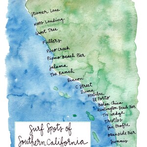 Map of Surf Spots, Surf Surfing Surfer Art Print Decor Watercolor ...