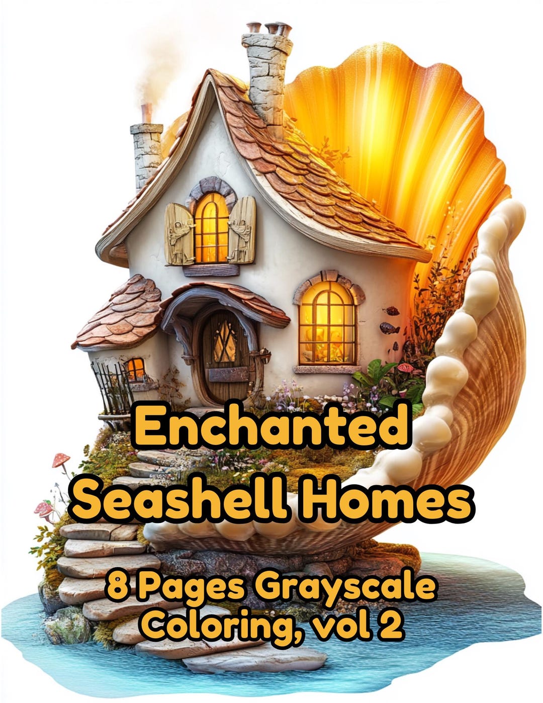 8 Enchanted Seashell Homes Coloring Pages VOL 2, Fantasy Grayscale ...