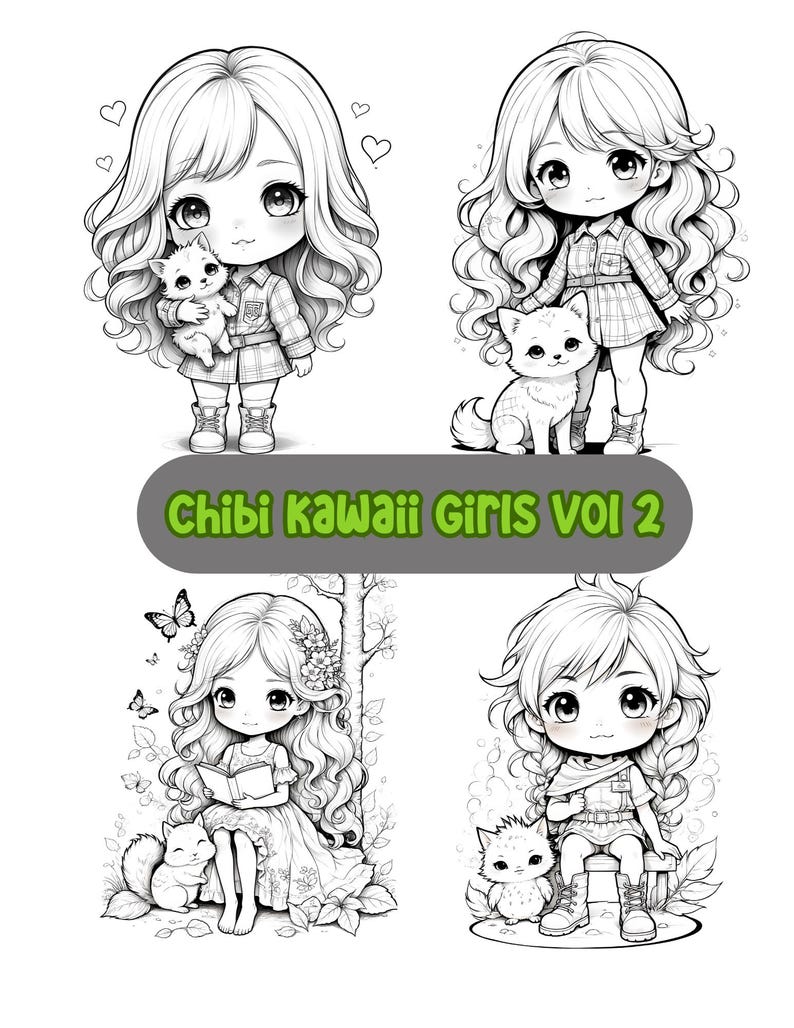 10 Cute Chibi Girls Coloring Pages Vol 2 Kawaii Girls With Pets PDF ...