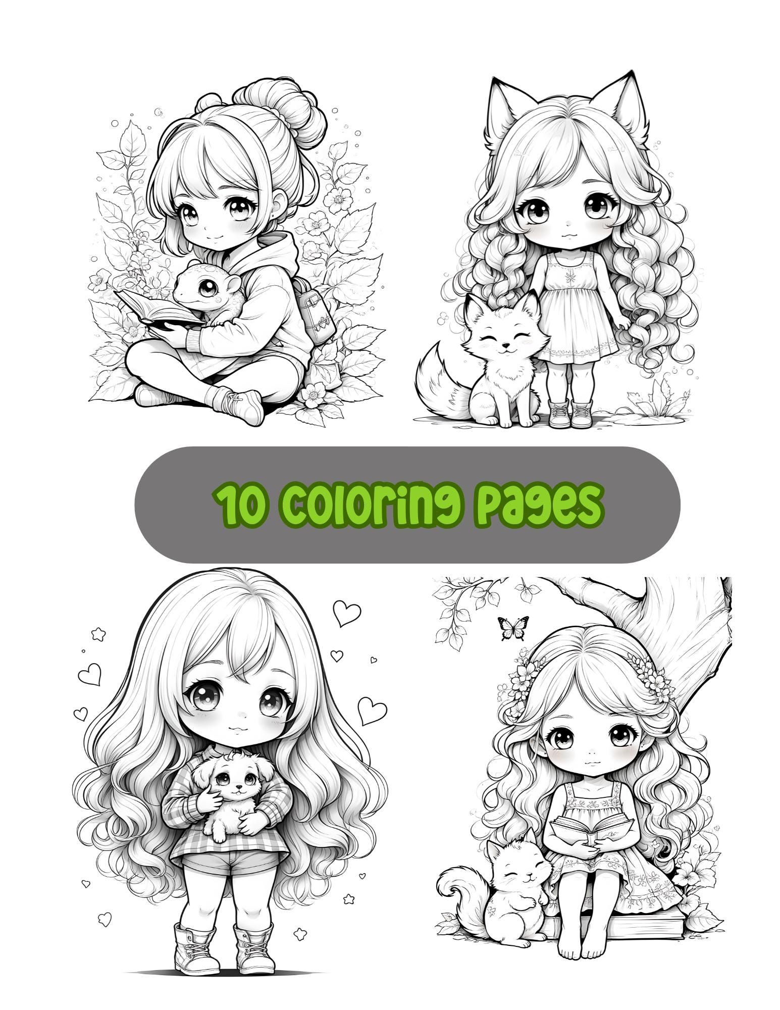 10 Cute Chibi Girls Coloring Pages | Vol 2 Kawaii Girls With Pets PDF ...