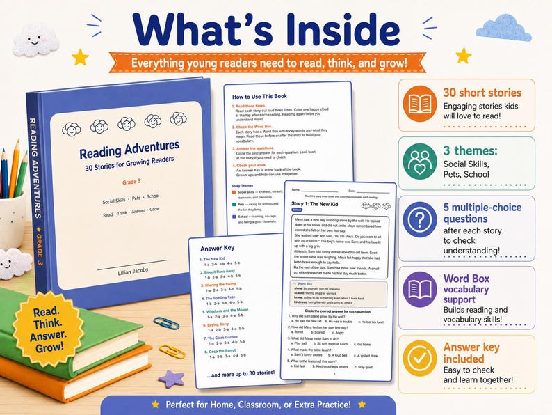 Grade 3 Reading Comprehension Workbook PDF, 30 Short Stories for Kids ...