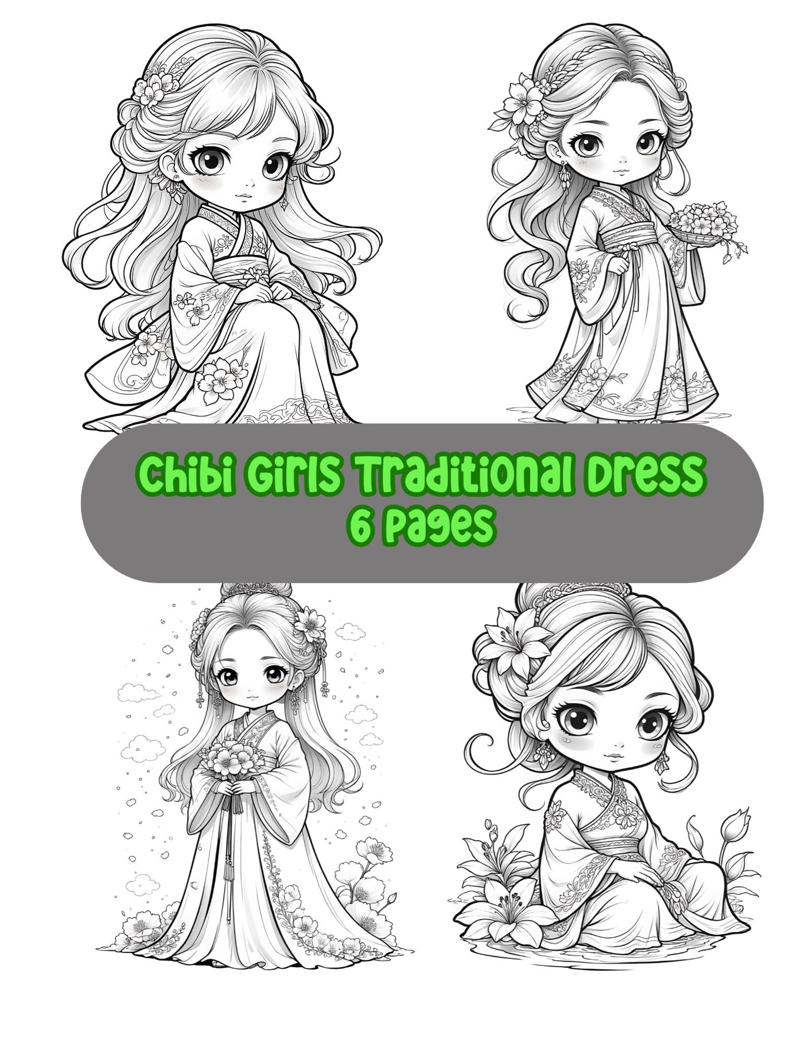 6 Cute Chibi Girls Coloring Pages | Kawaii Girls in Traditional Dress ...