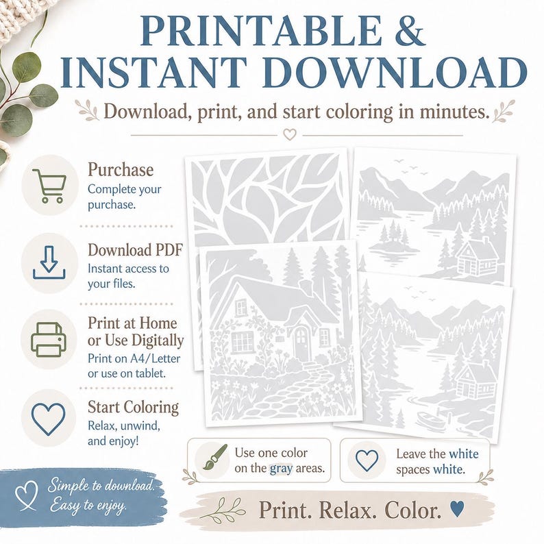 One Color Coloring Book, 40 Printable Light Gray Designs, Relaxing ...