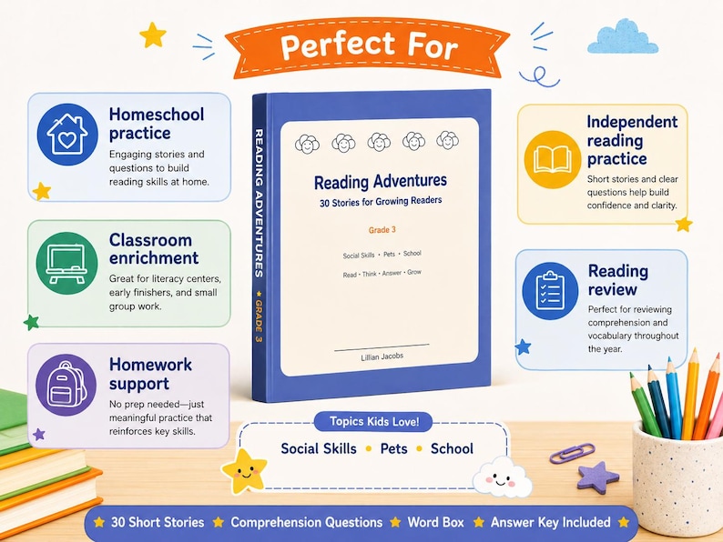 Grade 3 Reading Comprehension Workbook PDF, 30 Short Stories for Kids ...