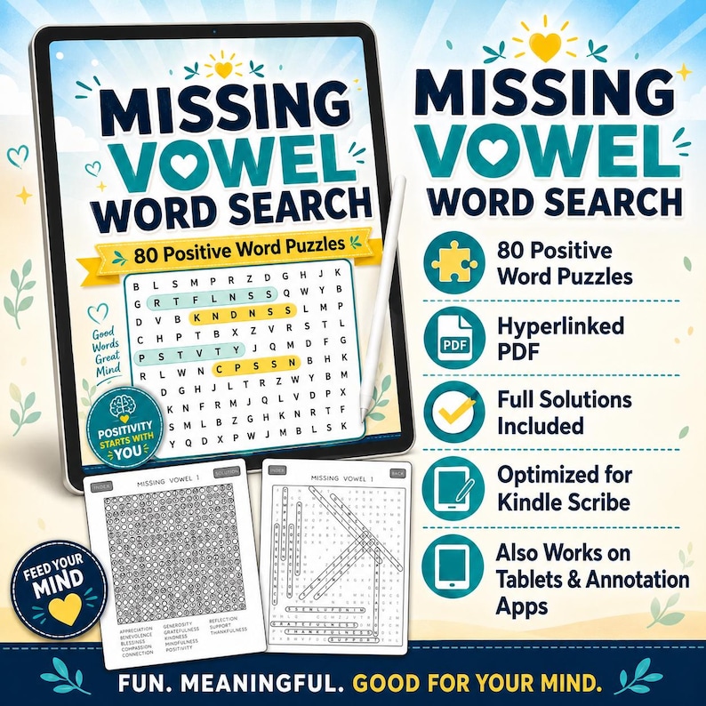 Positive Missing Vowel Word Search Puzzle Book for Kindle Scribe, 80 ...
