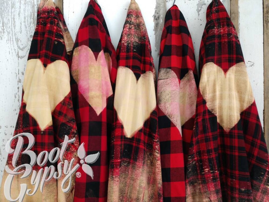 Bleached Heart Flannel Shirt for Valentine's Day | Upcycled Flannel ...
