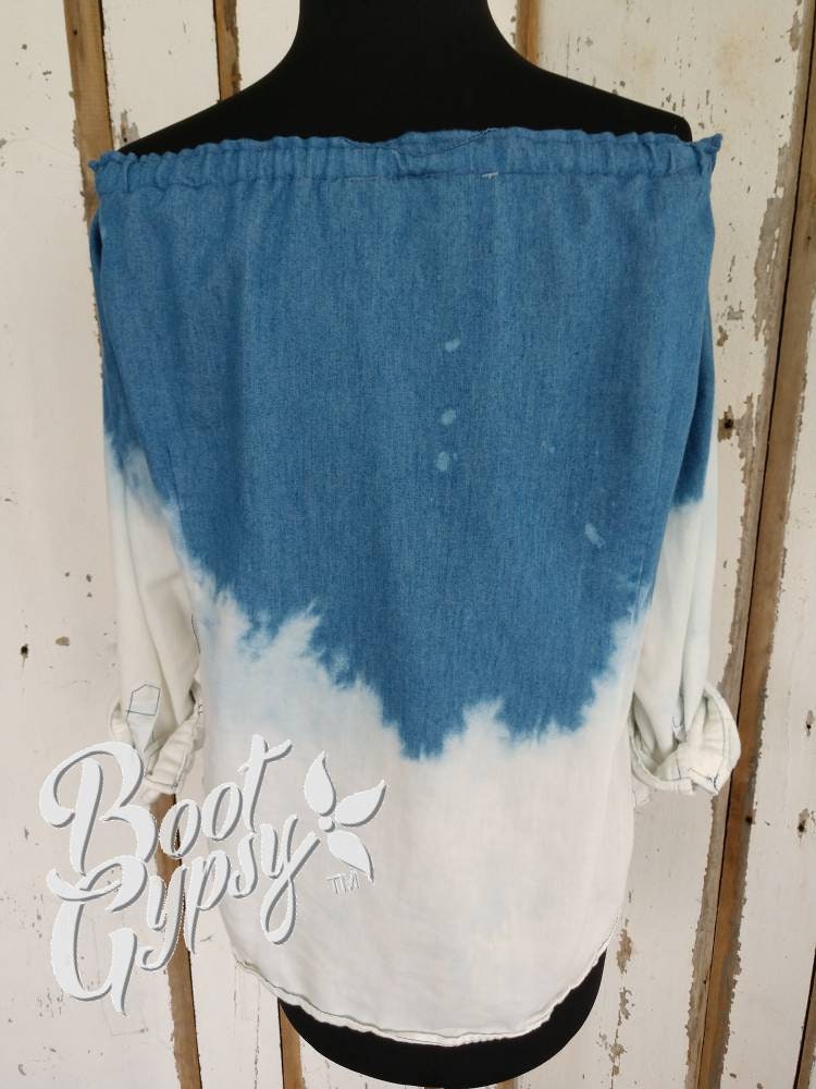 Off Shoulder Bleached Denim Shirt Blue Fade Boho | Etsy