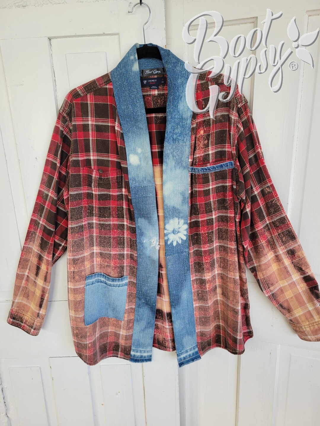 Upcycled Flannel & Denim Jacket W Peace Sign Remade Bleached Flannel ...