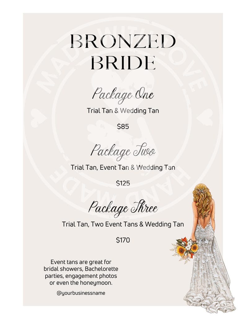 Spray Tan Price List Printable | Bridal Tanning Packages | Wedding ...