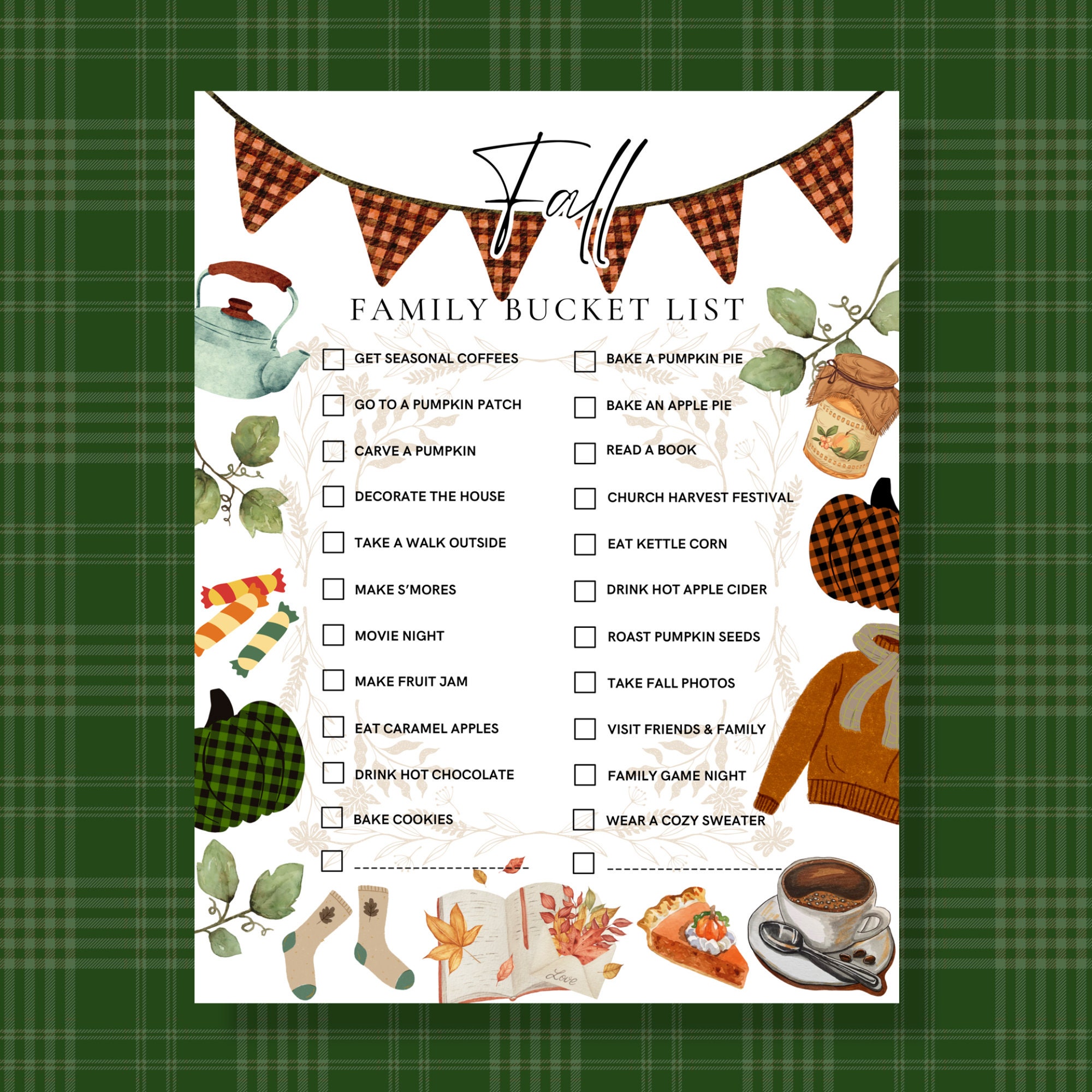 Fall Family Bucket List Printable, Fall Checklist, Plaid Pumpkin ...