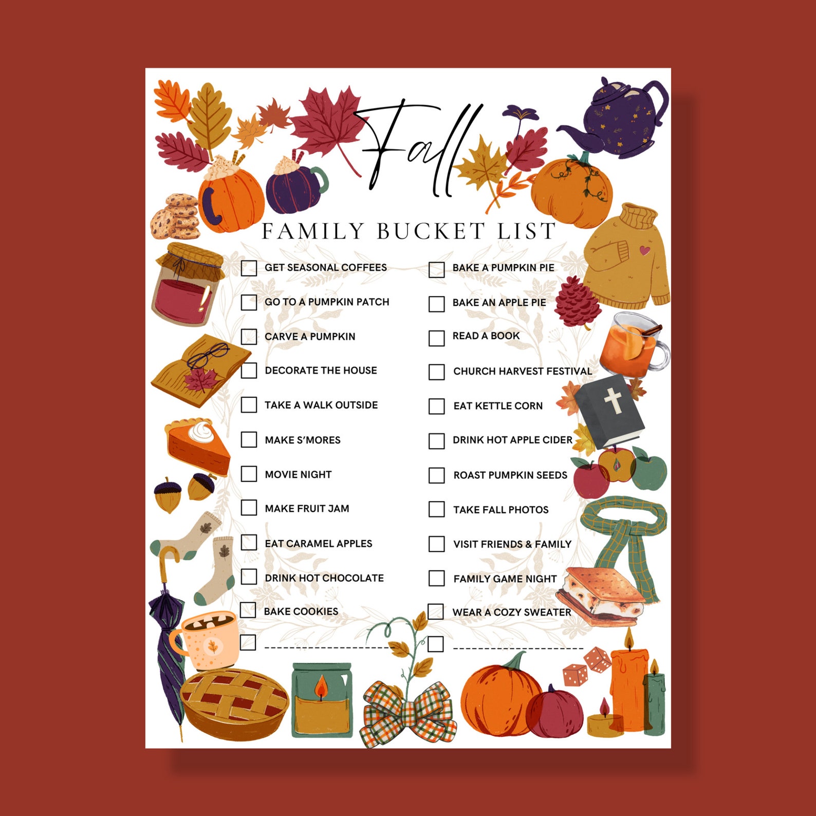 Fall Family Bucket List Printable, Fall Checklist, Coffee, Downloadable ...