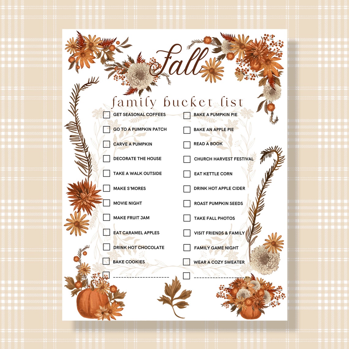 Fall Family Bucket List Printable, Fall Checklist, Fall Flowers ...