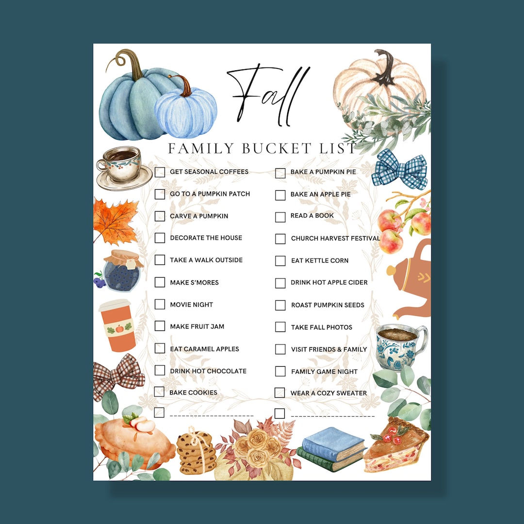 Fall Family Bucket List Printable, Blue Pumpkin Fall Checklist ...