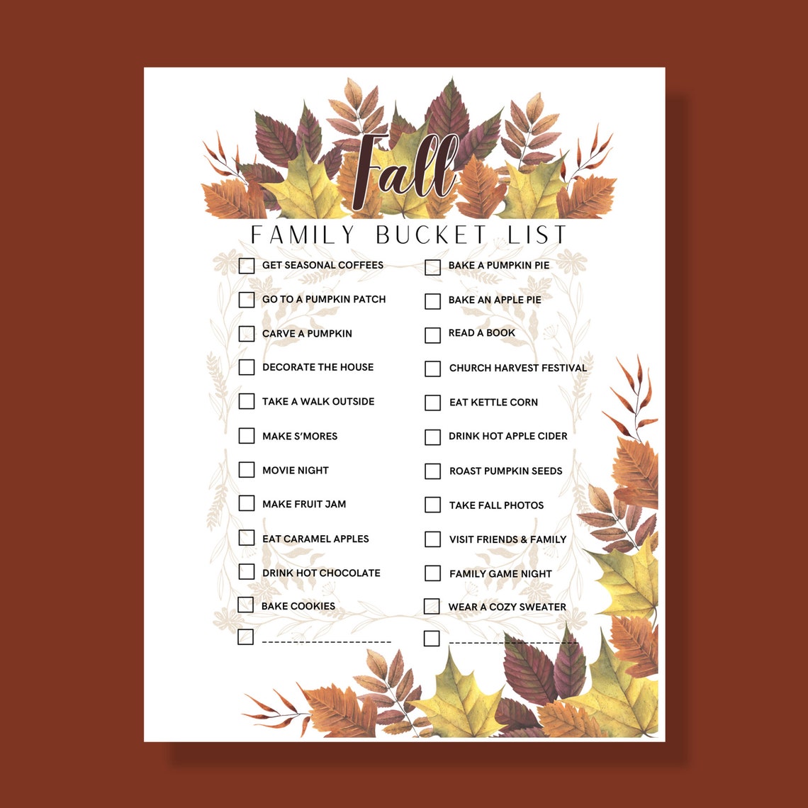 Fall Family Bucket List Printable, Fall Checklist, Leaves, Downloadable ...