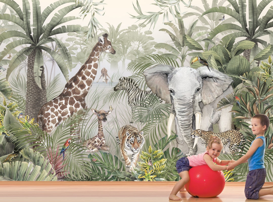 Jungle Mural Removable Wallpaper, Peel & Stick Fabric Wallpaper, Self ...