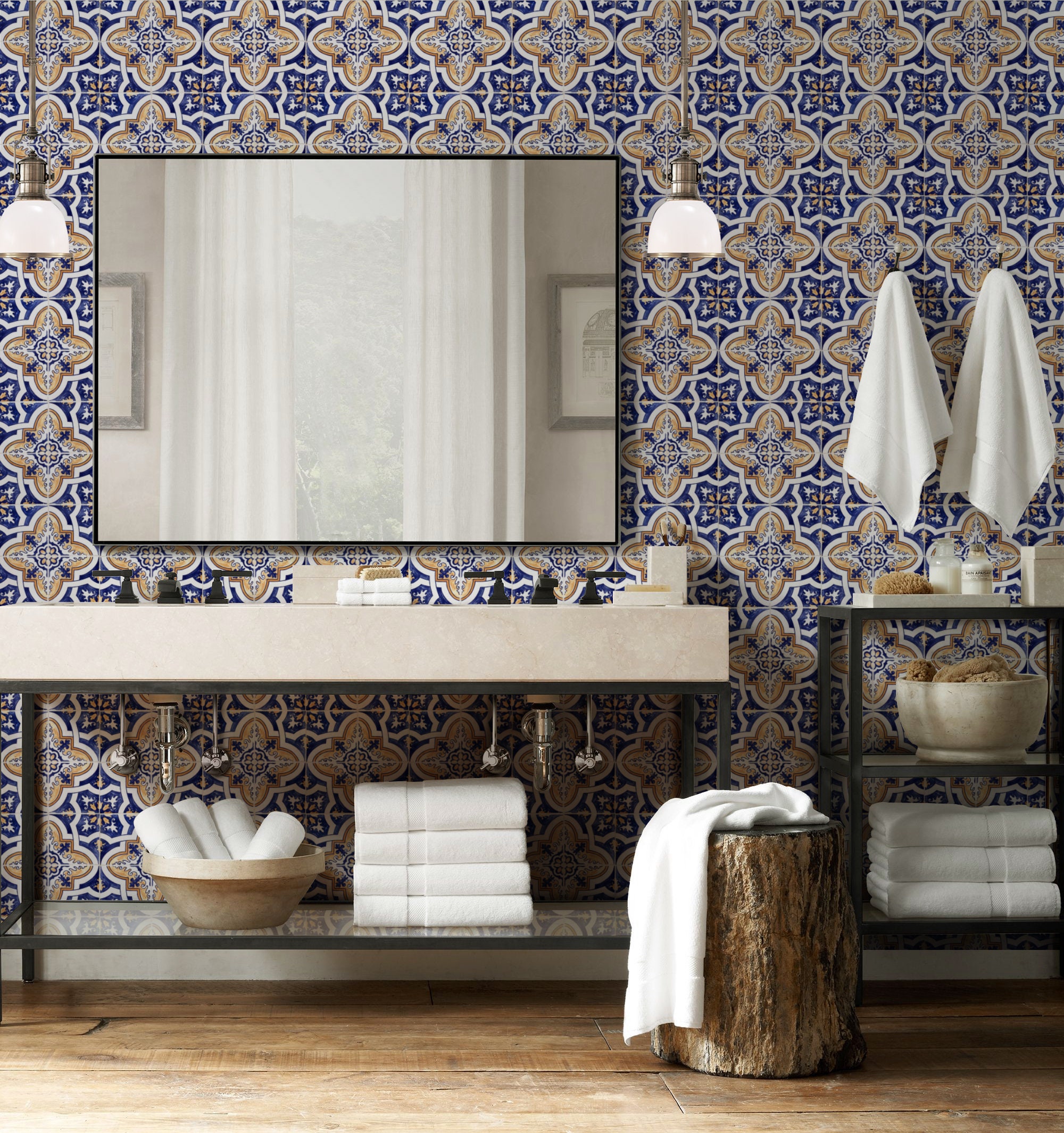 Blue Yellow Moroccan Tile Repositionable Removable Wallpaper | Etsy