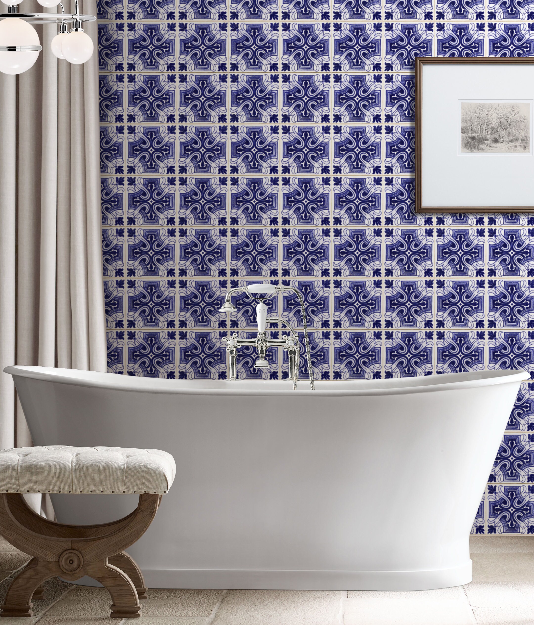 Blue Moroccan Tile Repositionable Removable Wallpaper Peel & | Etsy