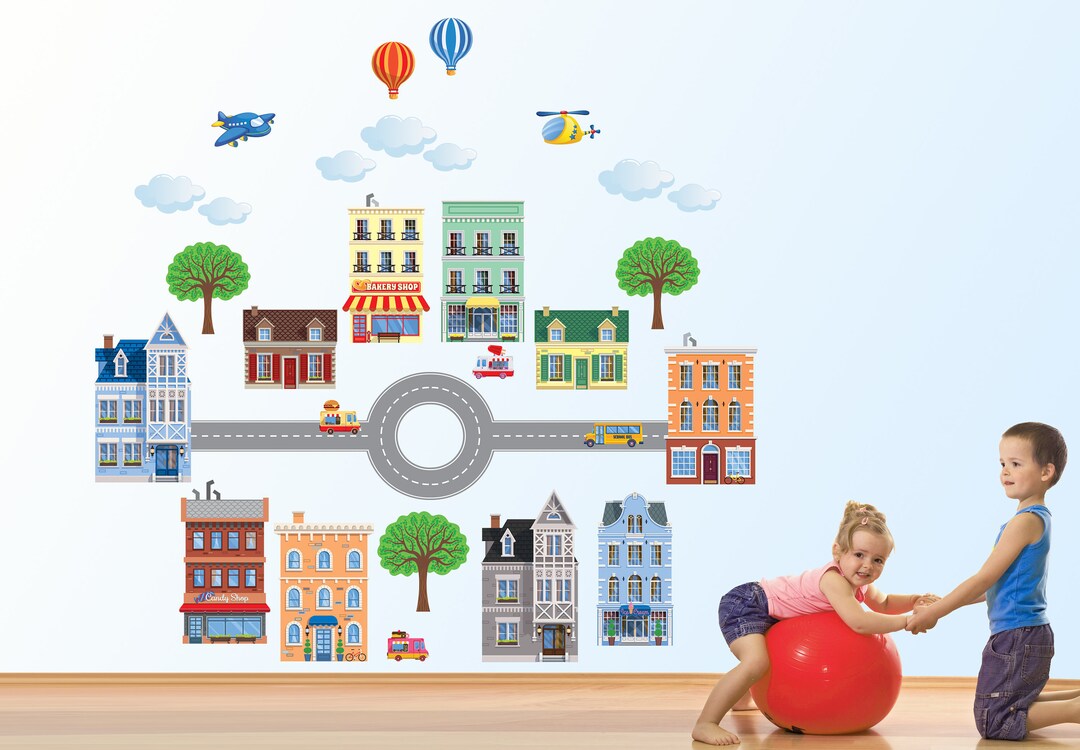 City Repositionable Wall Decal, Kids Room Mural, Town Reusable Wall ...