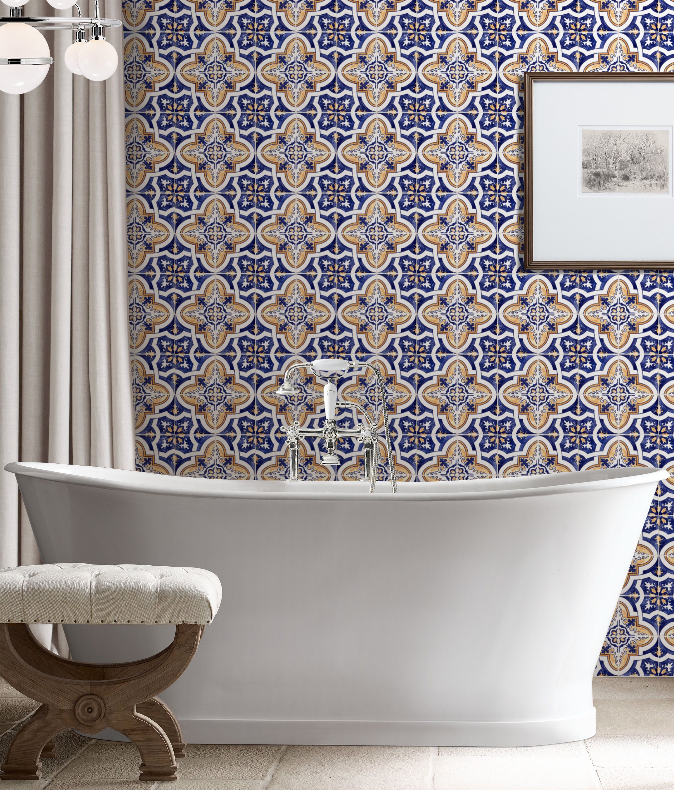 Blue Yellow Moroccan Tile Repositionable Removable Wallpaper | Etsy