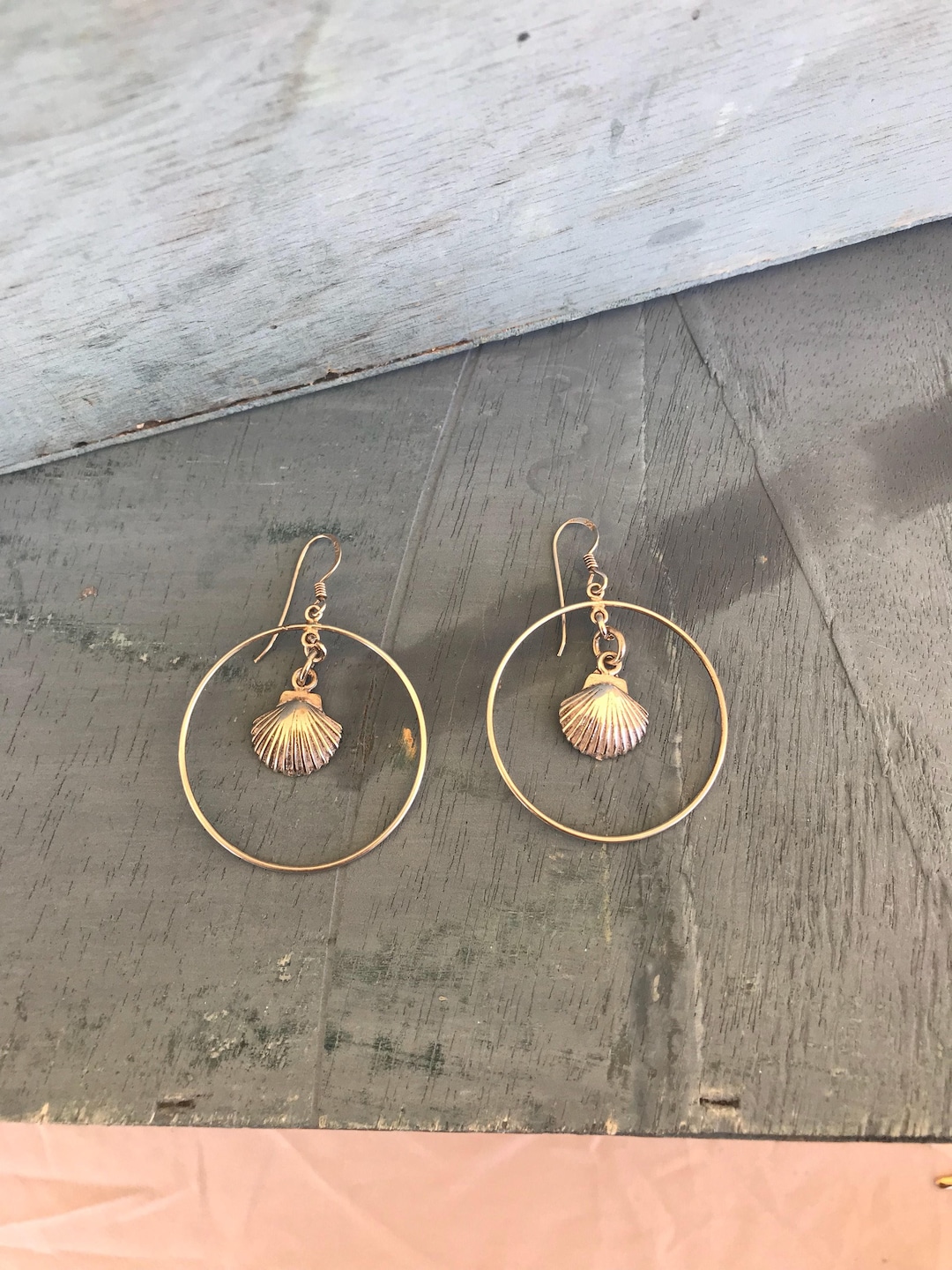 Sterling Silver 925 Seashell Ocean Sea Boho Chic Hoop Ear Wire Earrings ...