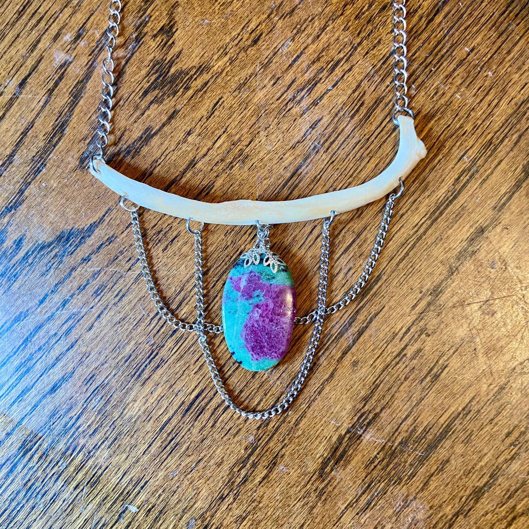 Coyote Rib Bone and Ruby Zoisite Necklace With Draped Chain Accents - Etsy