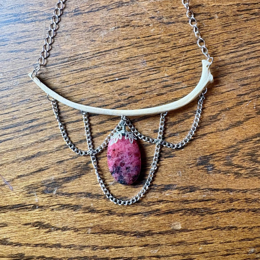 Coyote Rib Bone and Rhodonite Necklace With Draped Chain Accents - Etsy