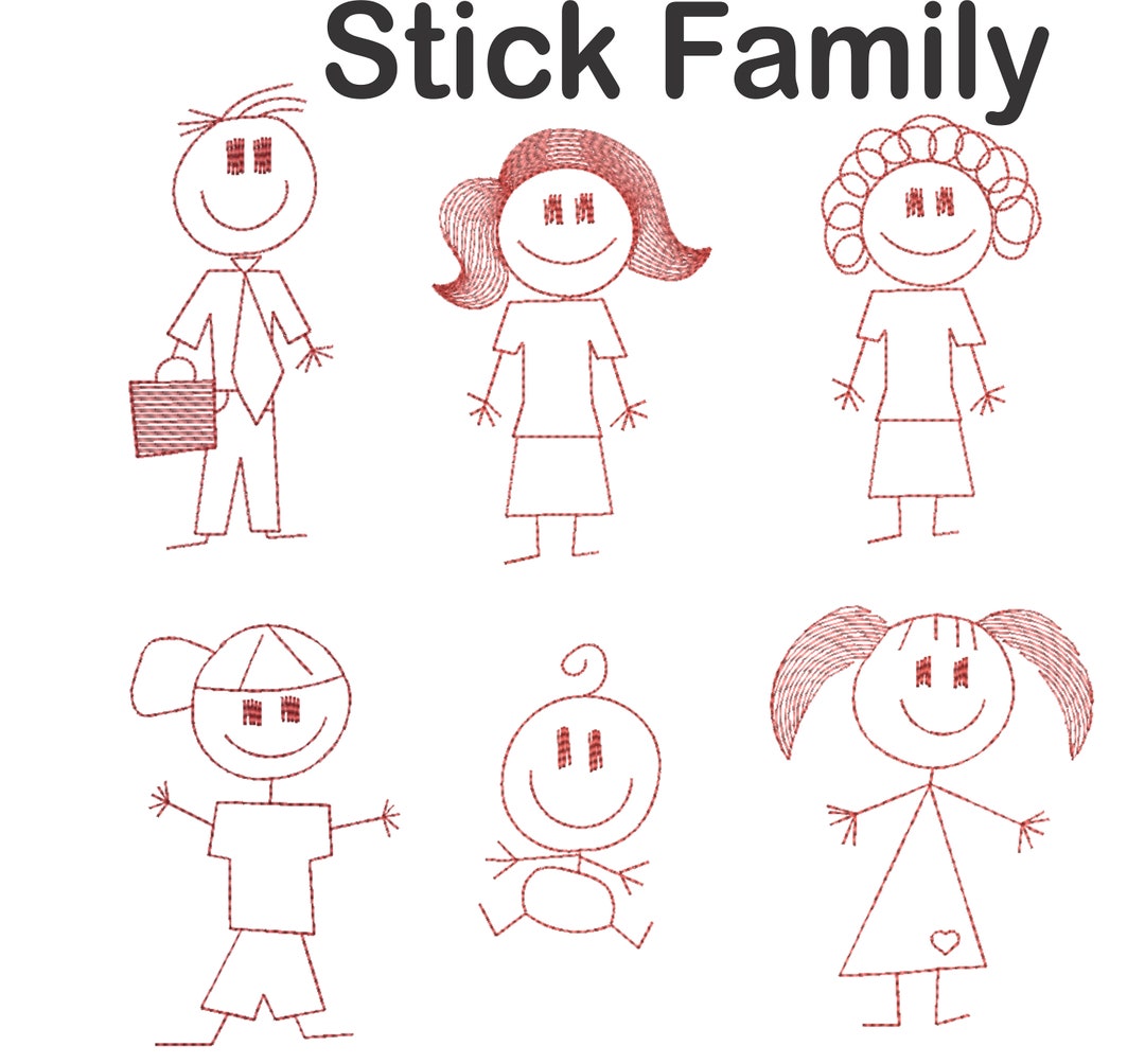 Stick Figure Family, Machine Embroidery Design, Redwork Embroidery ...