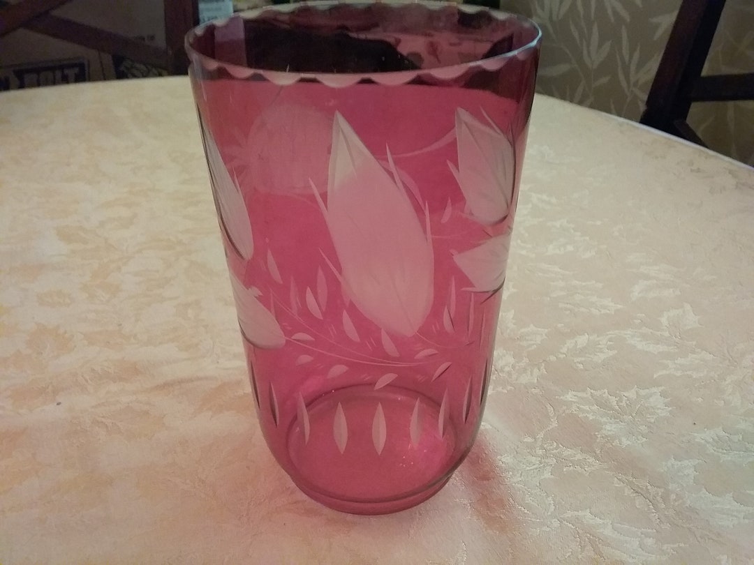 Cranberry Etched Glass Large Vase - Etsy