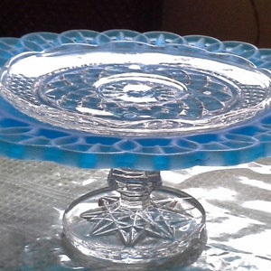 Blue Glass Serving Dish With Scalloped Edges on Pedestal Dessert Stand ...
