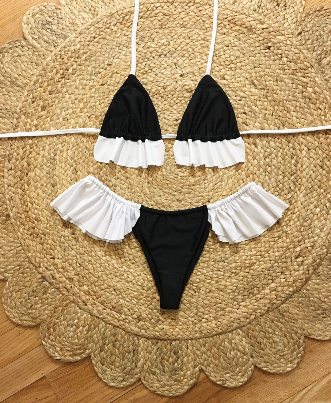 Black And White Sliding Ruffle Cheeky Bikini Set Two Tone Colorblock