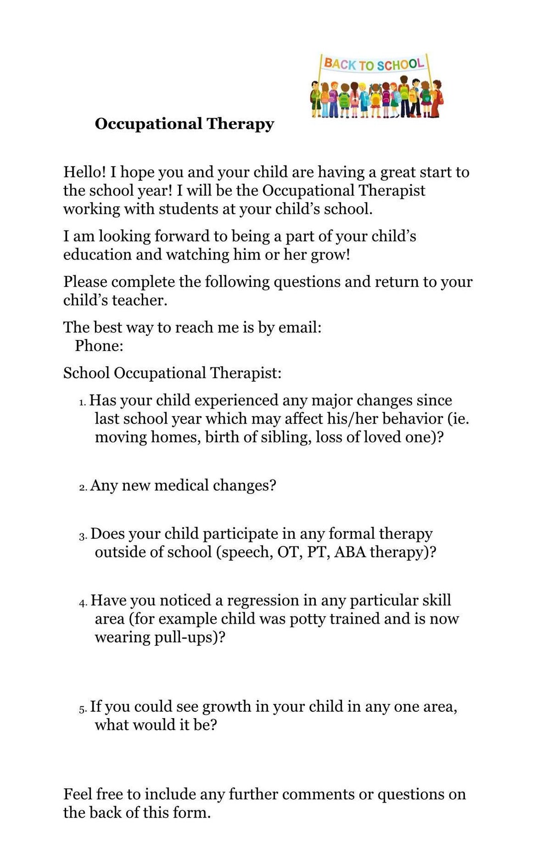 Editable Parent Questionnaire: Back-to-school OT, PT, Speech Therapy ...