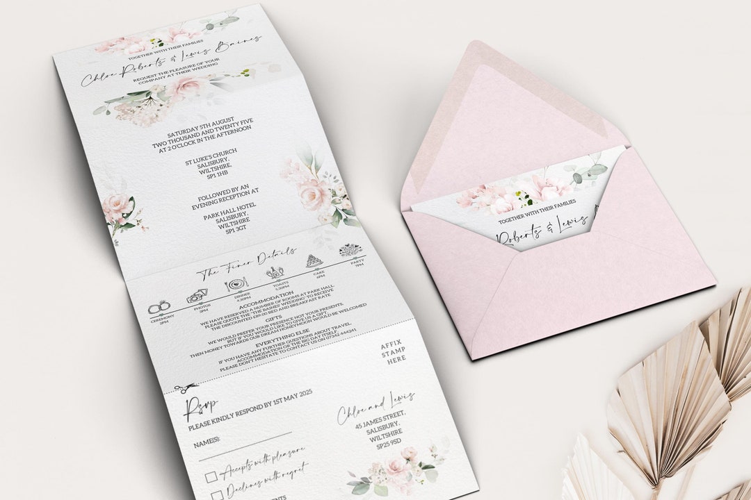 Romantic Pink Rose Concertina Wedding Invite With Optional Timeline - Etsy