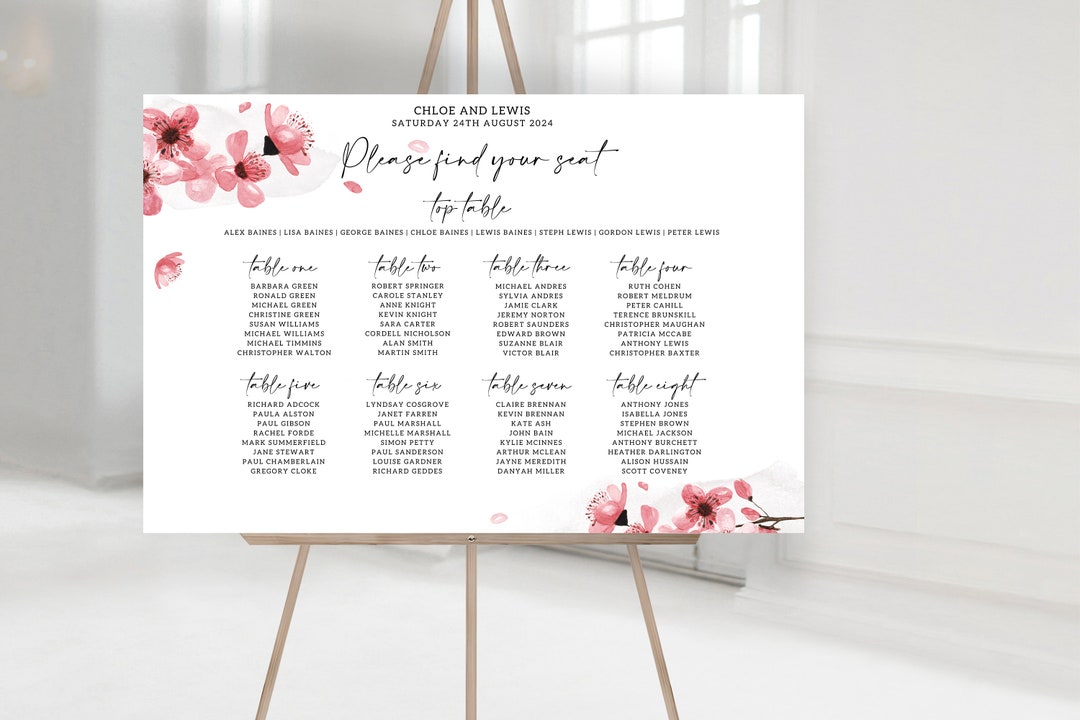 Wedding Table Plan, Personalised Seating Plan, Cherry Blossom Design ...