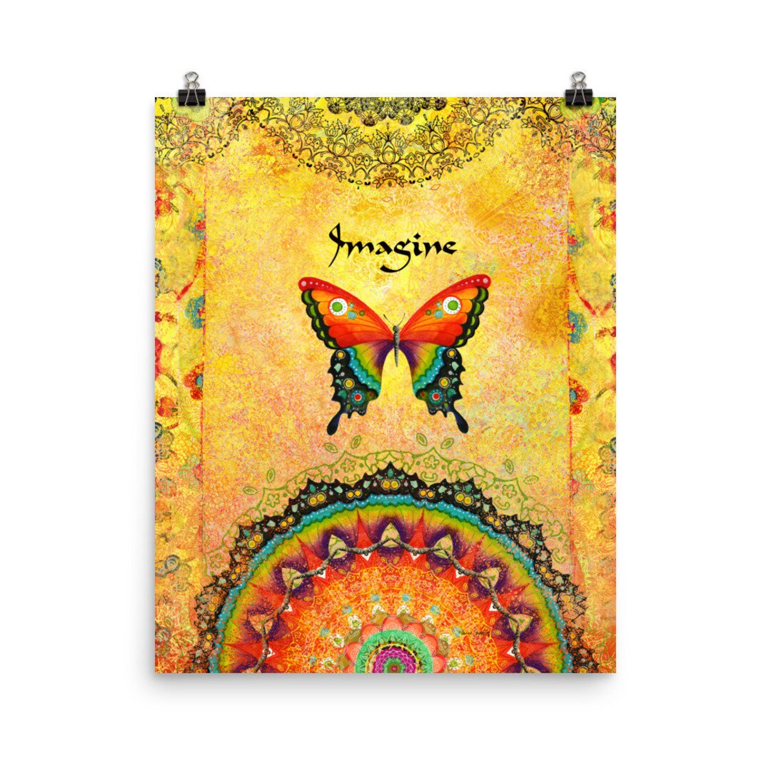 Boho Butterfly Poster, Inspirational, Happy Art, Mandala, Yellow ...